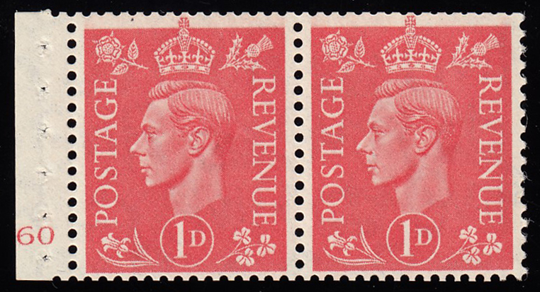 SG486e 1947 1d. Pale scarlet, very fine unmounted pane of 2, cyl. 160 ...