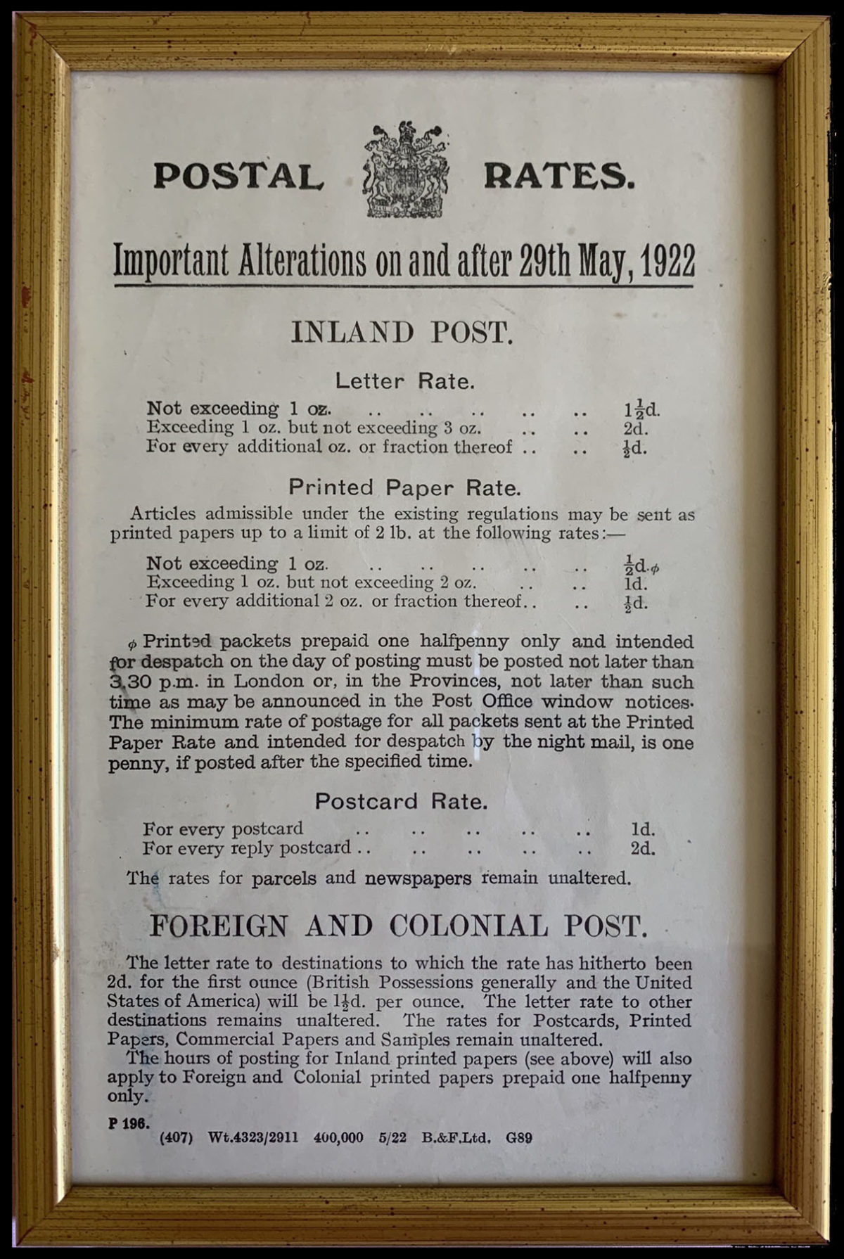 1922 Rate Change Notice. - Andrew G Lajer Philately