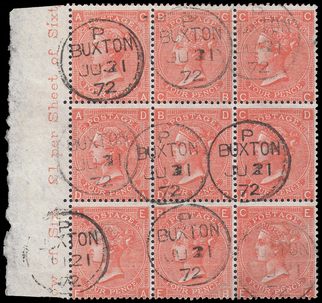 SG94 1865 4d. Deep vermilion, plate 12, CA-EC. Superb marginal block of ...