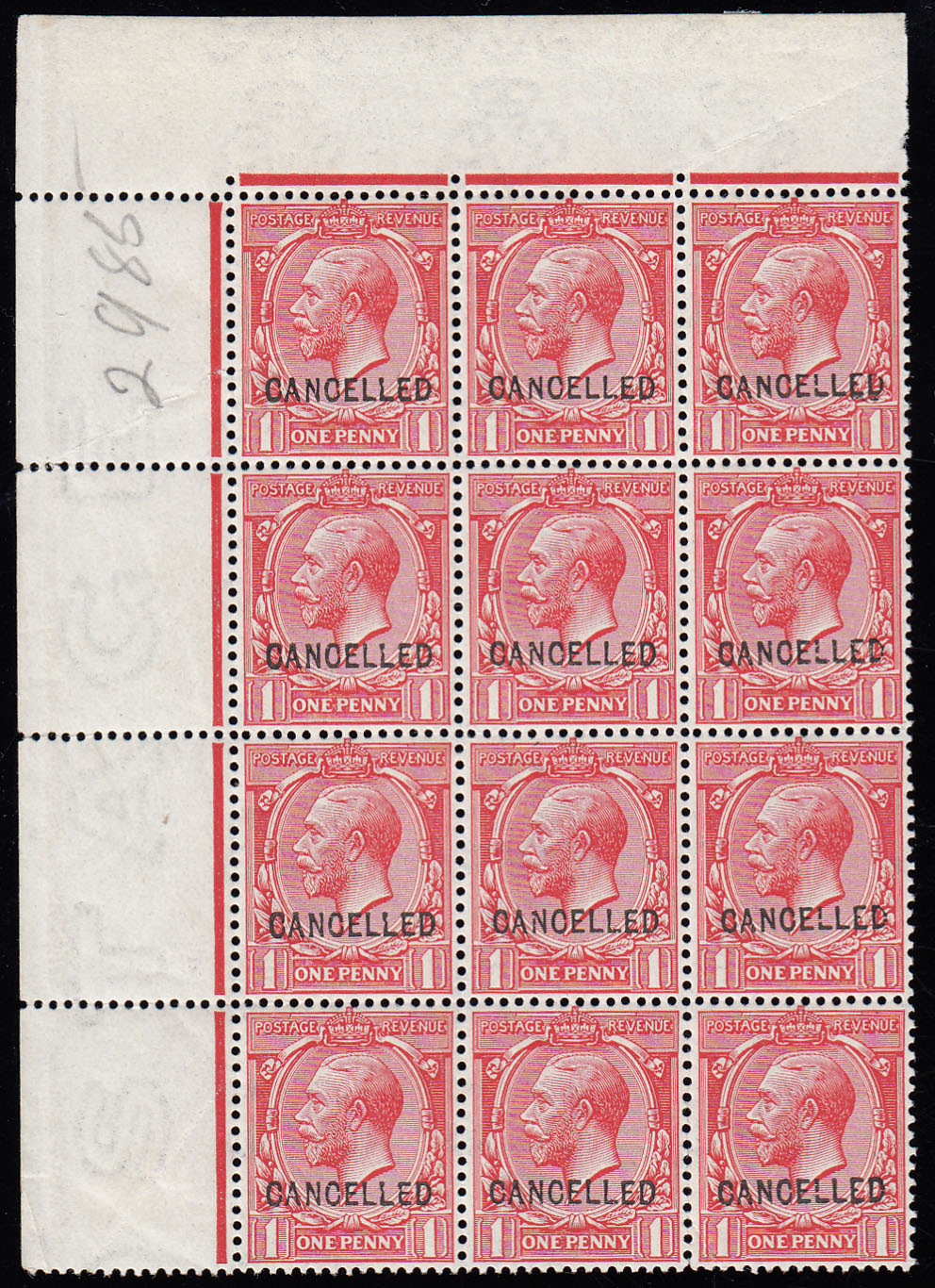 SG357 1912 1d. Scarlet colour standard "CANCELLED" Type 24, corner ...
