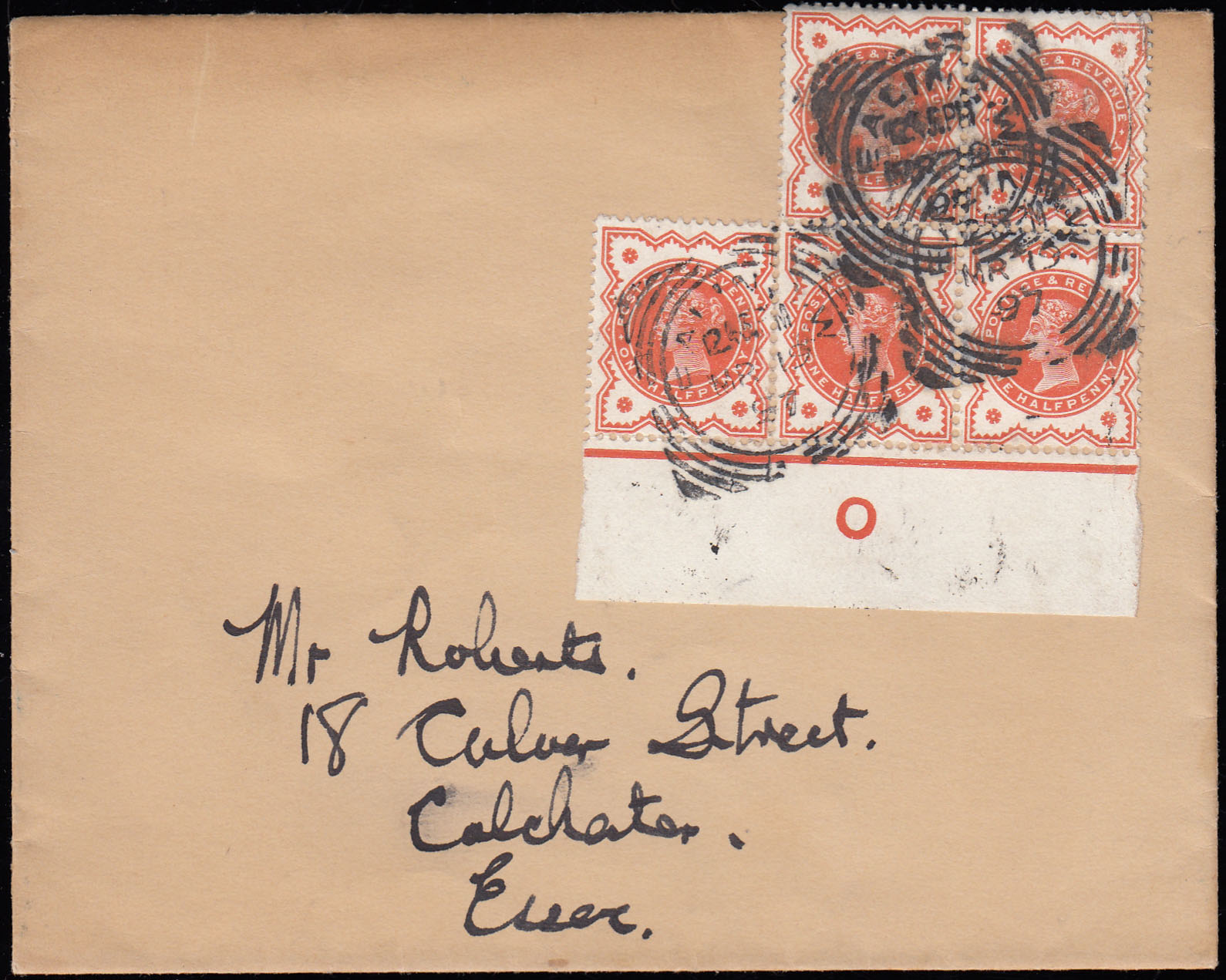 SG197 1897 ½d. Vermilion "O" Control block of 5 on cover, Ealing to ...